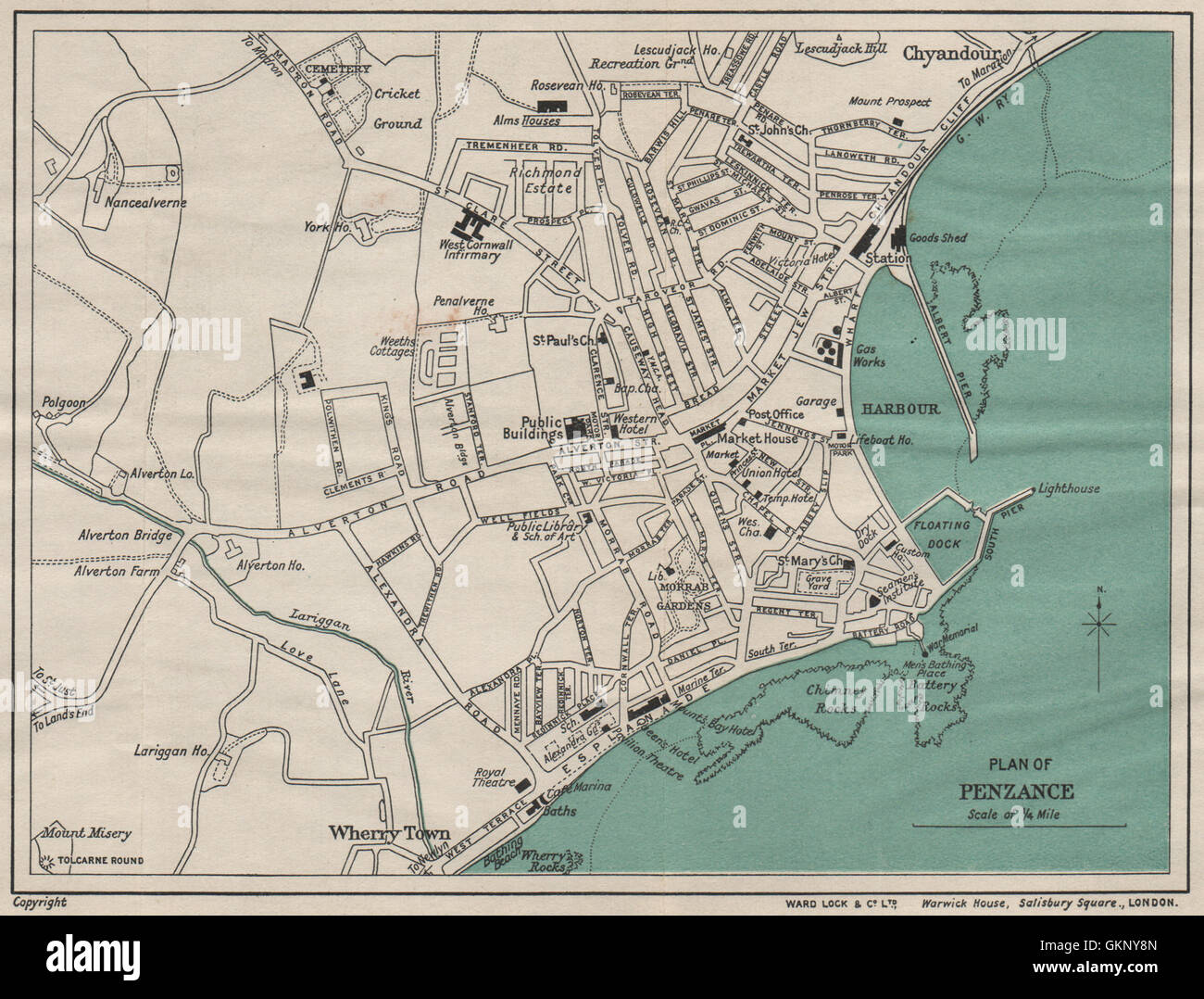 PENZANCE vintage town/city plan. Cornwall. WARD LOCK, 1930 vintage map ...