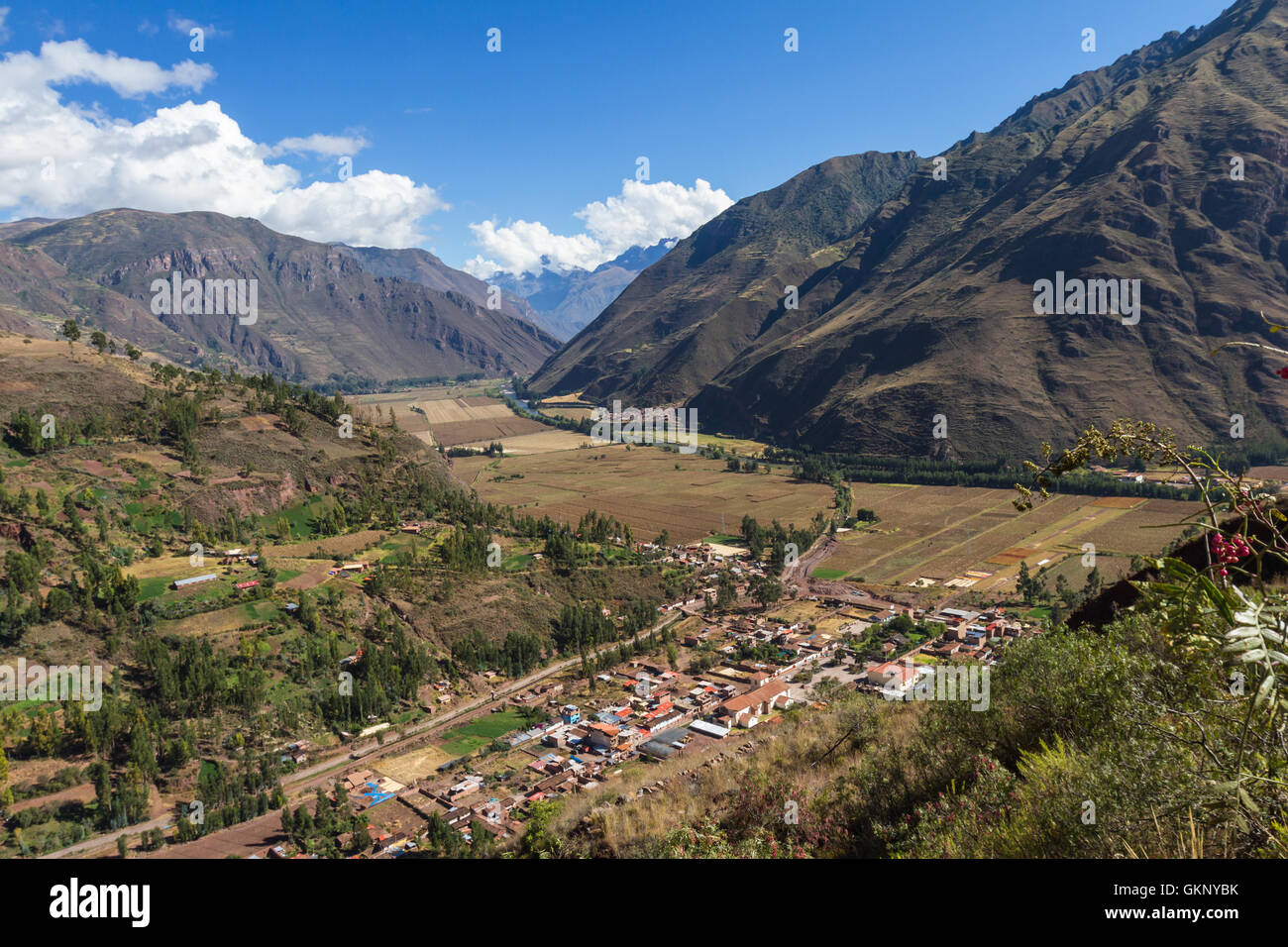 view of the Sacred Valley of the Incas and the river Urubamba from a ...