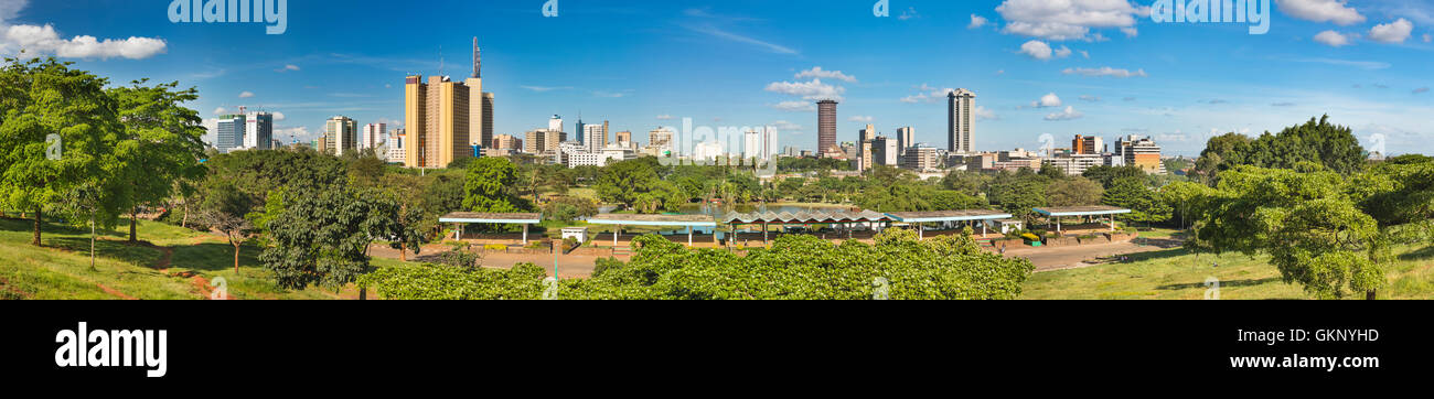 Panoramic view of the skyline of Nairobi, Kenya with Uhuru Park in the ...