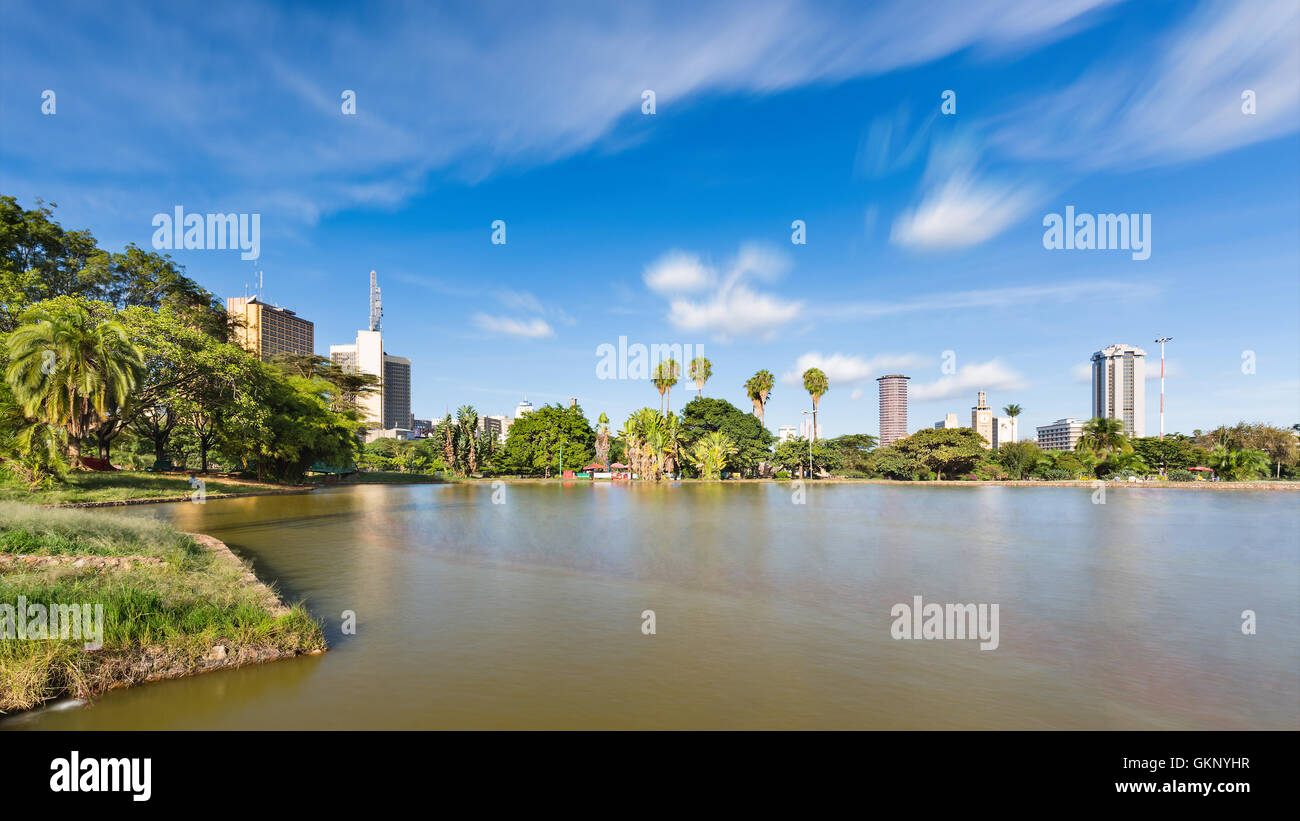 Long exposure of the skyline of Nairobi, Kenya with the beautiful lake ...