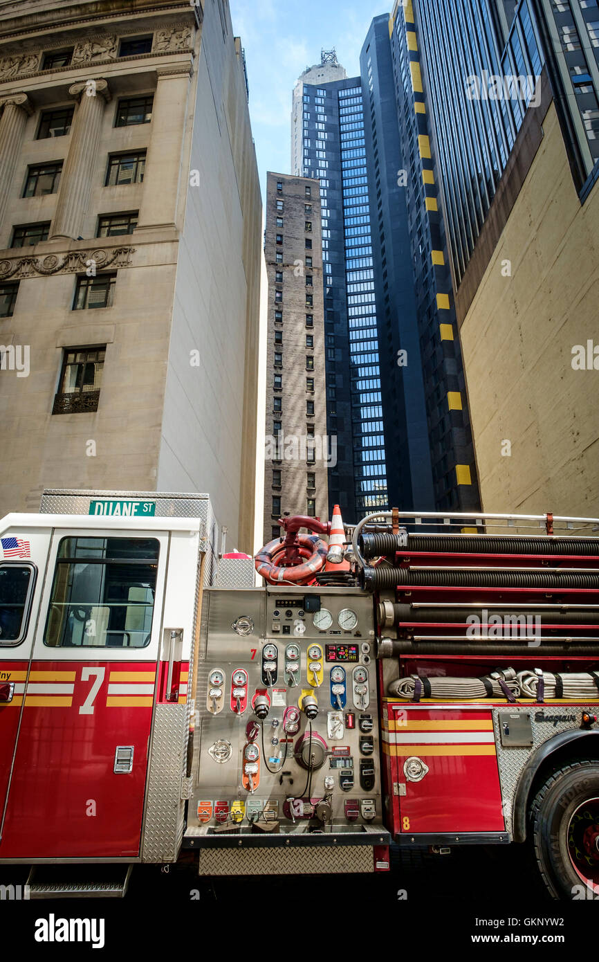 New York Fire Engine Seven showing its controls and gauges stands in a ...