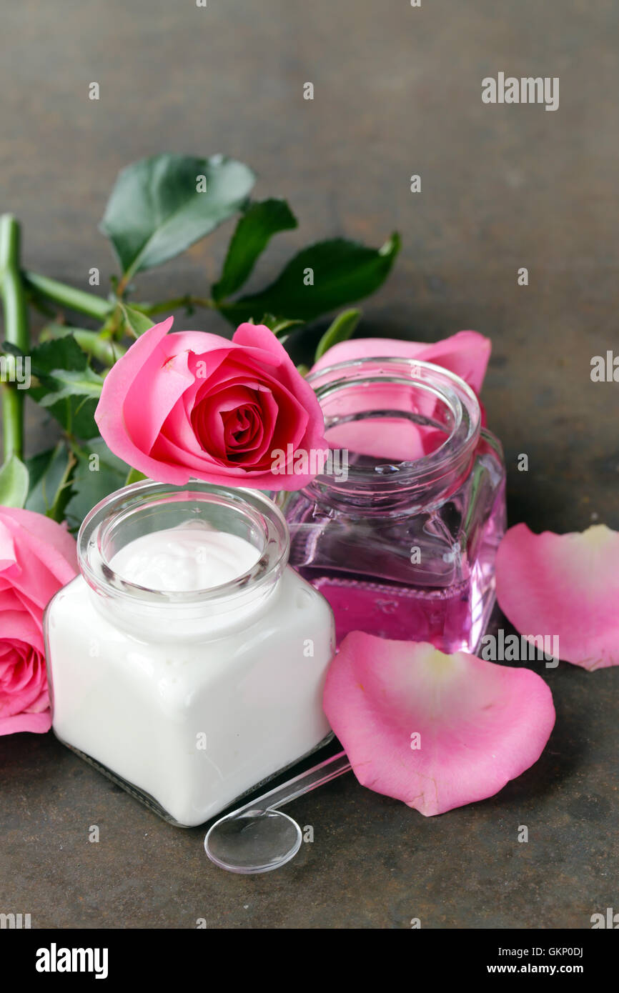 Natural organic cosmetics cream and rose water Stock Photo - Alamy