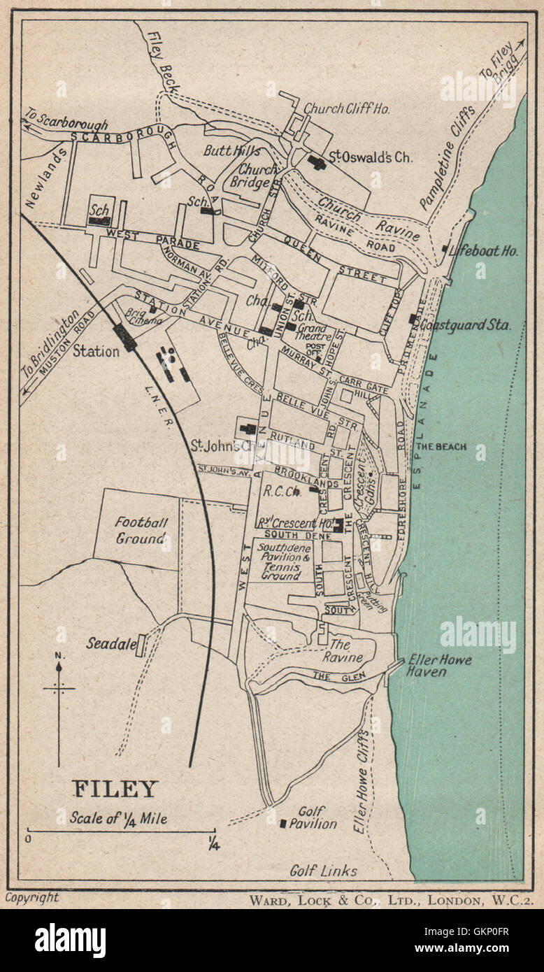 FILEY vintage town/city plan. Yorkshire. WARD LOCK, 1945 vintage map ...