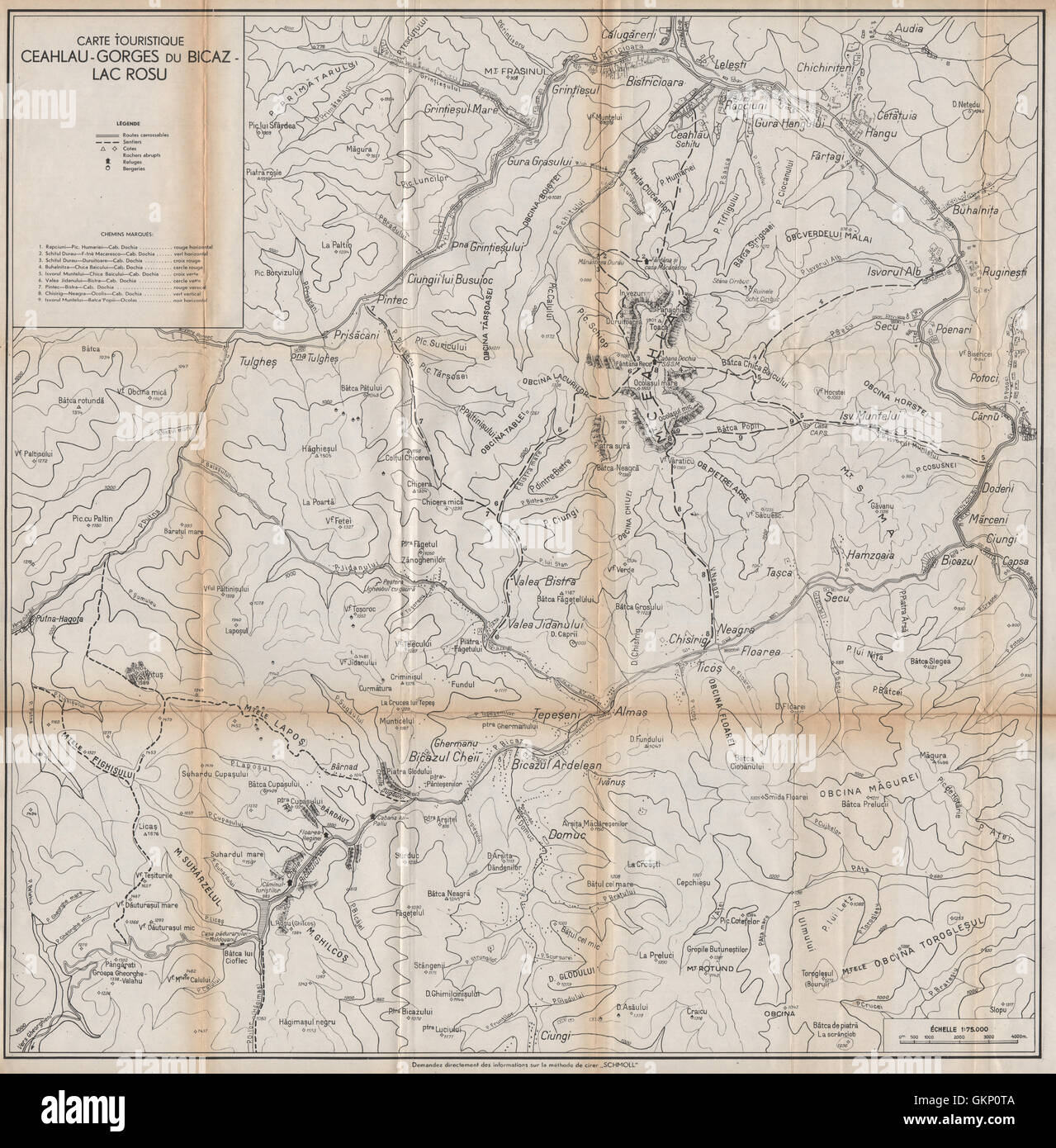 CEAHLAU MASSIF BICAZ GORGE Lacul Roșu vintage tourist map. Romania ...