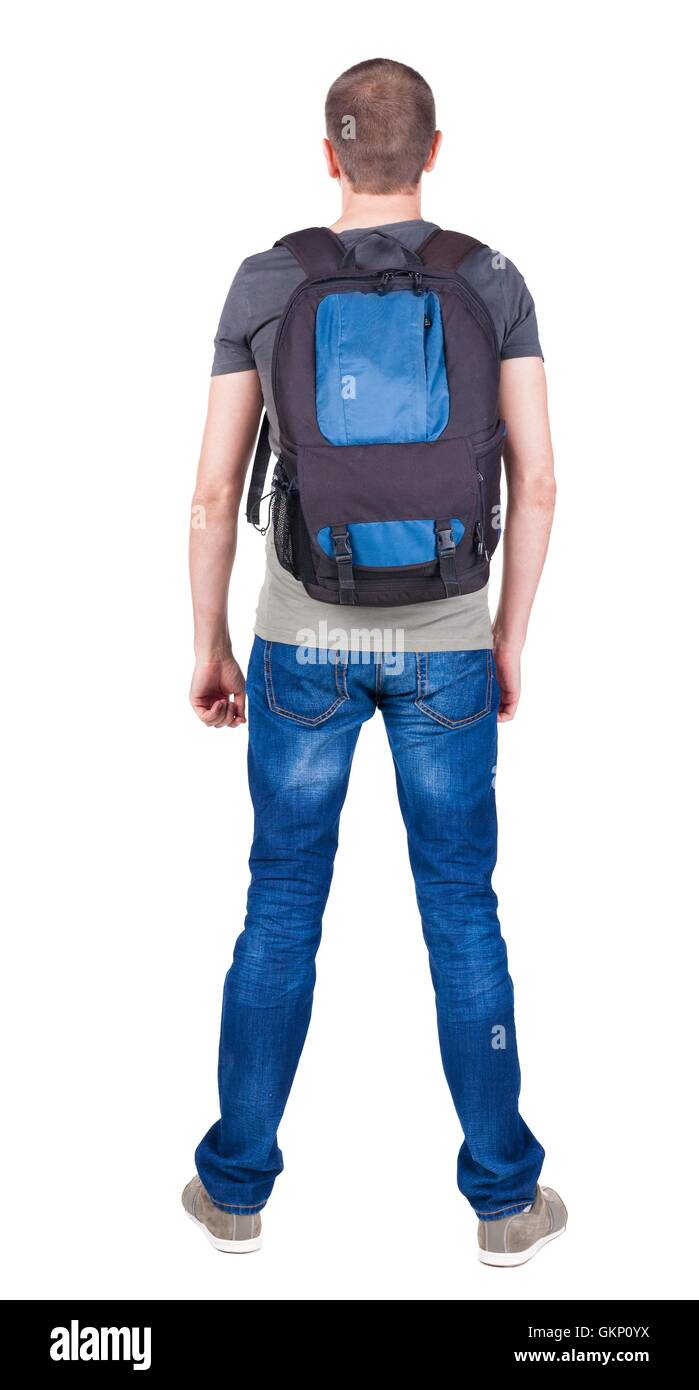 Back view of man with backpack looking up Stock Photo - Alamy