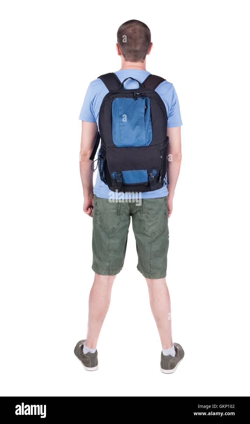 Back view of man with backpack looking up Stock Photo - Alamy