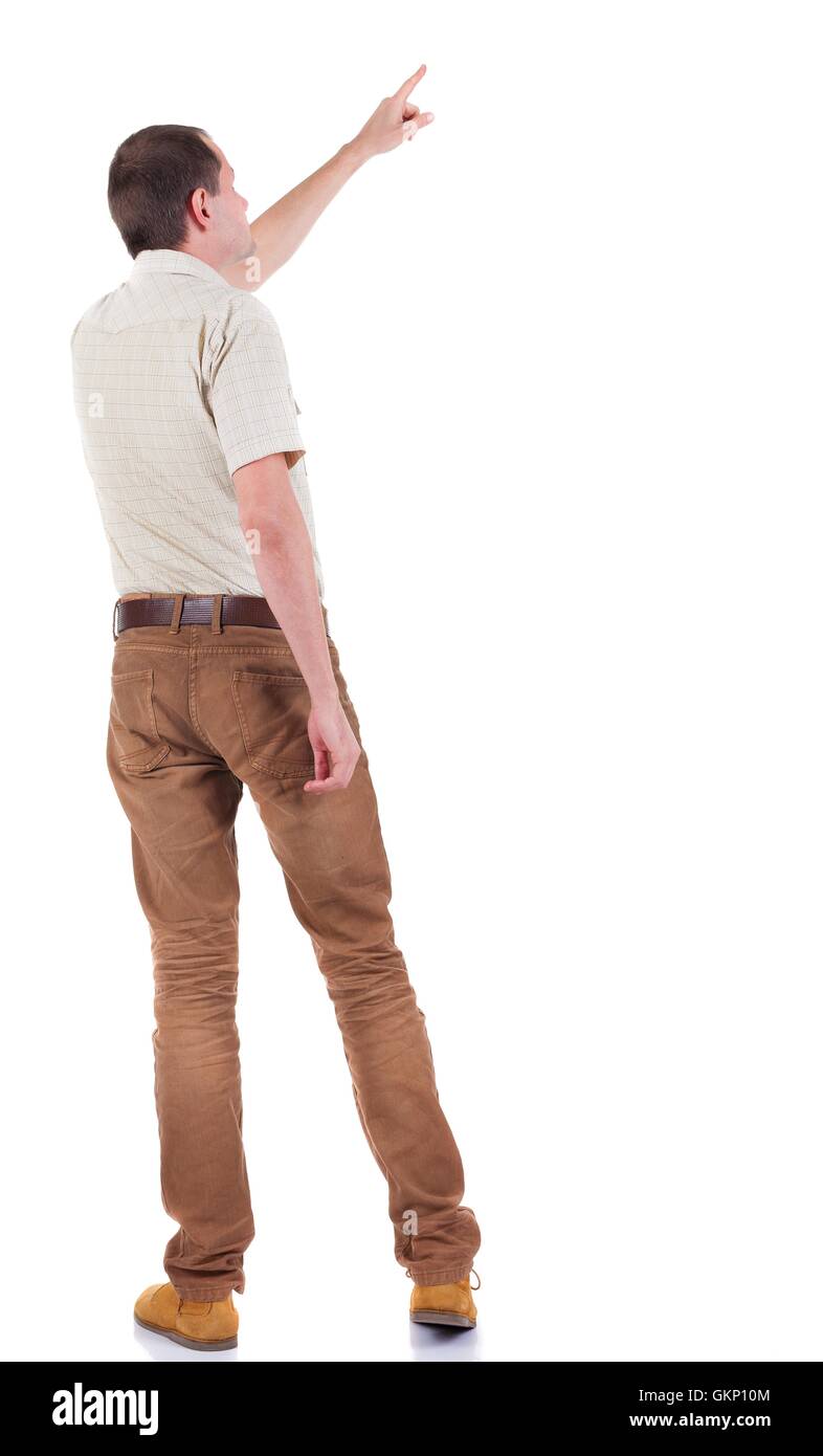 Back view of pointing young men in shirt and jeans Stock Photo - Alamy