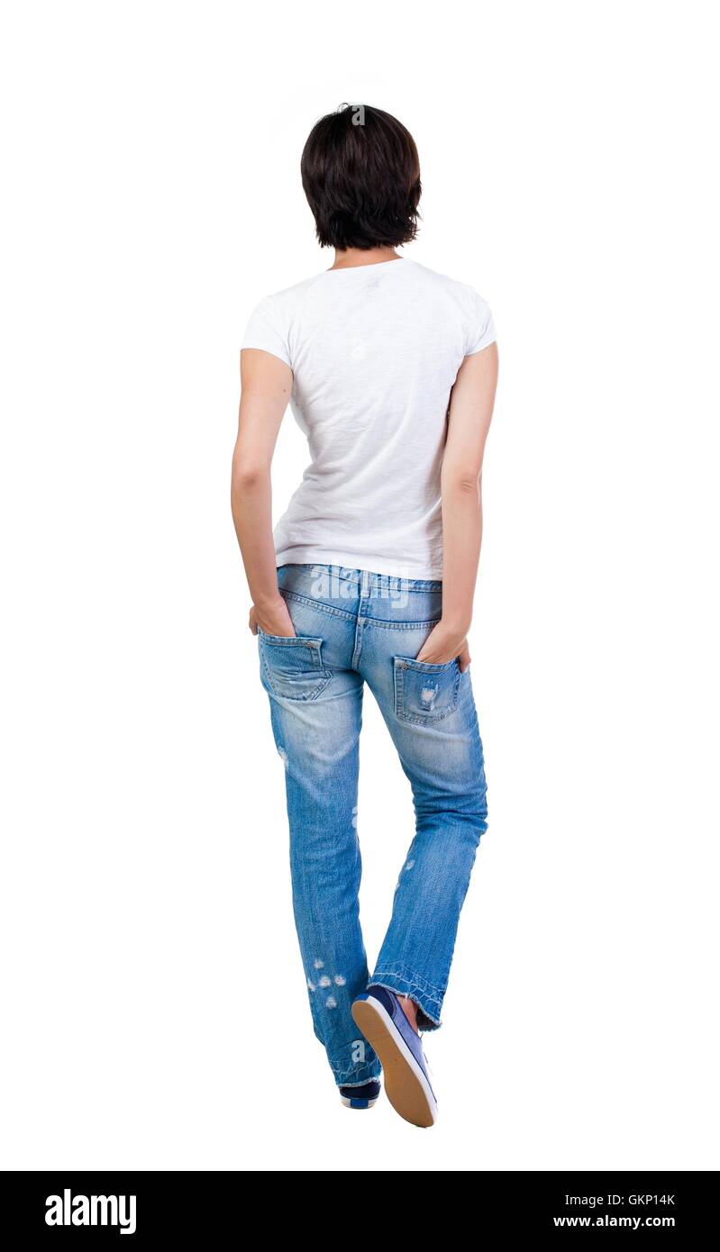 back view of standing young beautiful brunette woman Stock Photo - Alamy