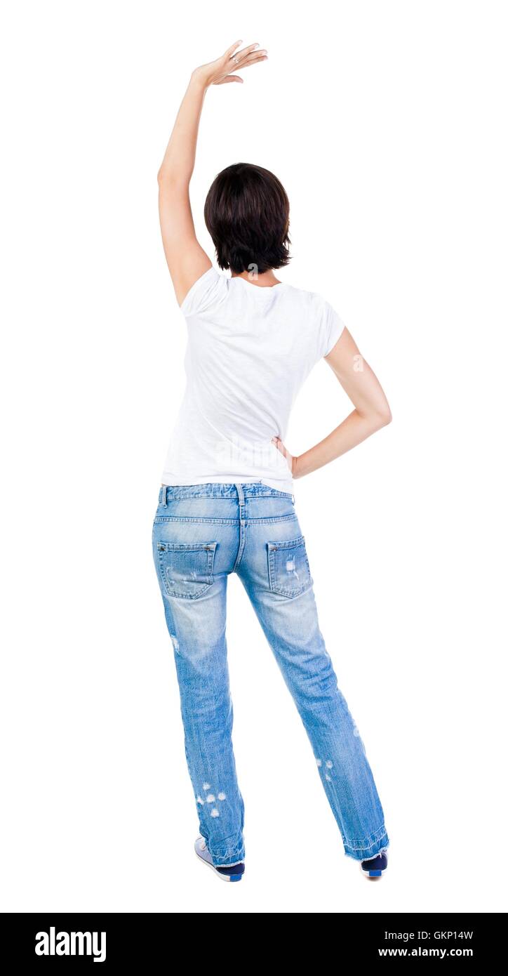 Back view of beautiful woman welcomes Stock Photo - Alamy