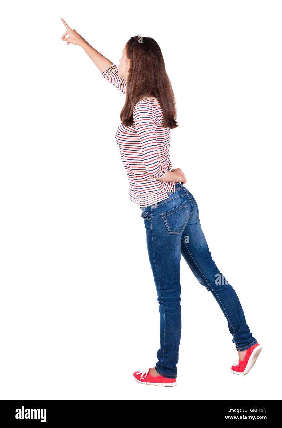 Back view of pointing woman Stock Photo - Alamy