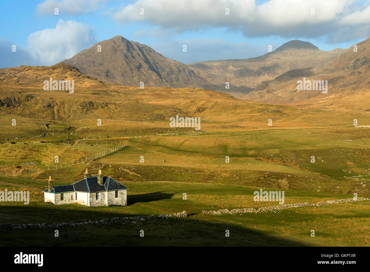 Harris Lodge and the peaks of Barkeval and Hallival in the Rum Cuillin ...