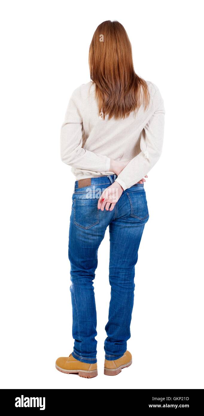 back view of standing young beautiful woman in jeans Stock Photo - Alamy