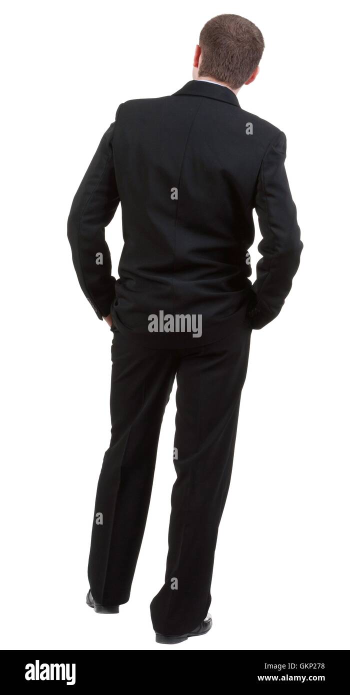 back view of Business man looks ahead. Young guy in black suit Stock ...