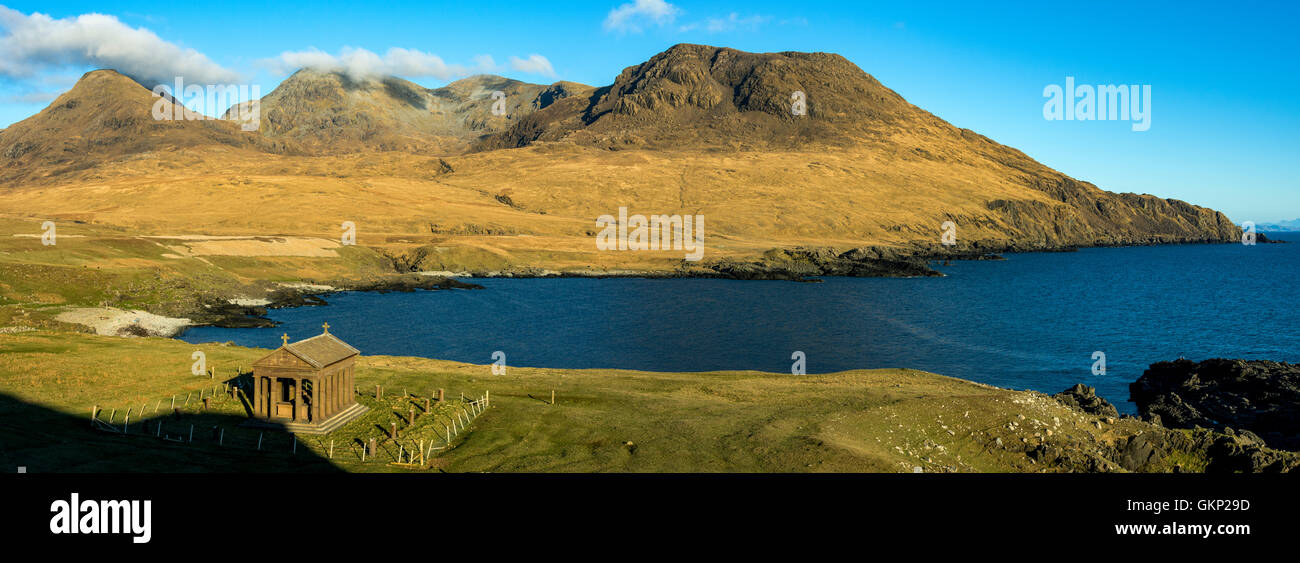 The Bullough Mausoleum and the Rum Cuillin hills from Harris Bay, Isle ...
