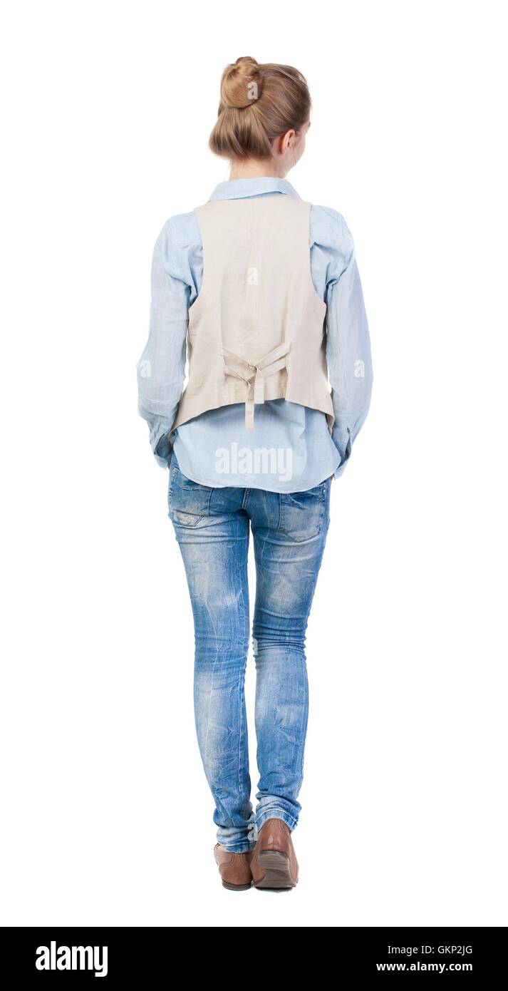 back view of standing young beautiful blonde woman in brown ves Stock ...