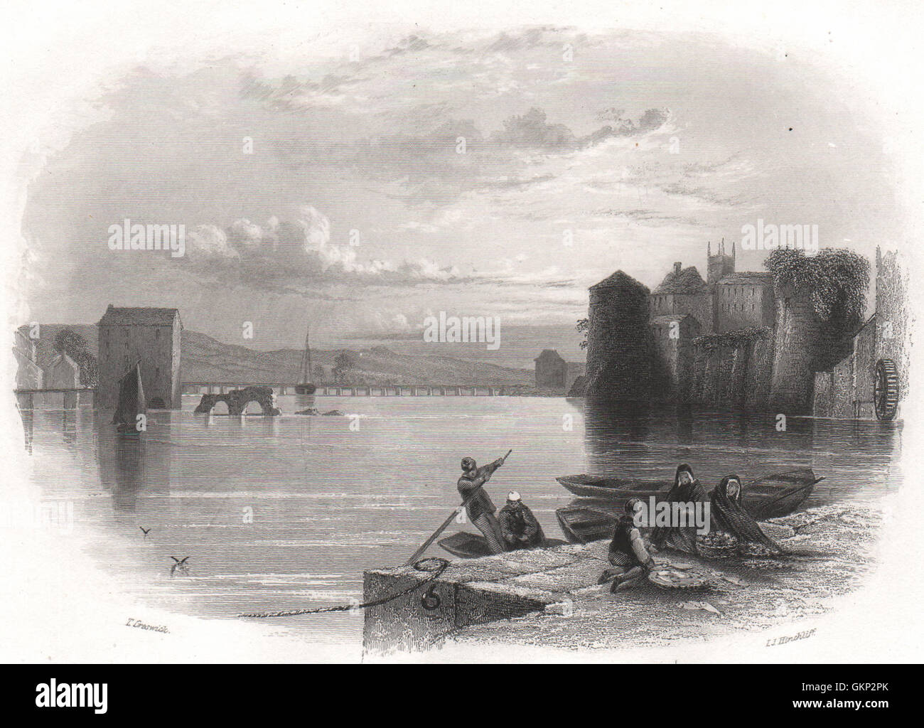 King John's Castle and old Thomond Bridge, Limerick. Ireland, old print ...