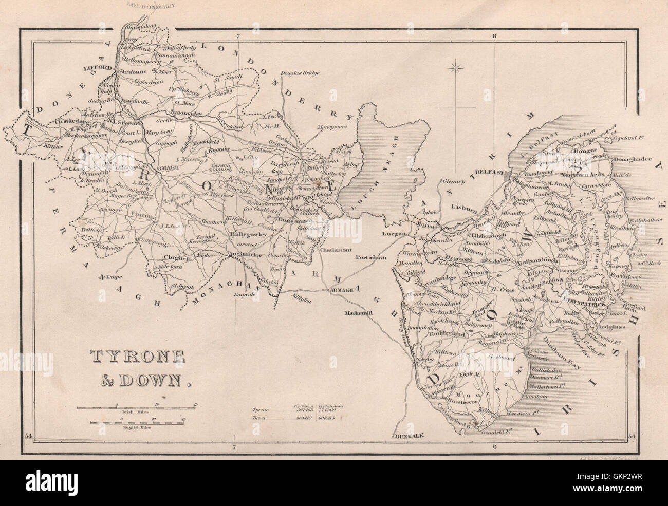 County Tyrone & County Down. Ireland, 1835 antique map Stock Photo - Alamy