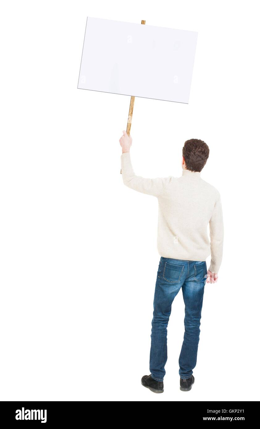 Back view man showing sign board. man holds information plate Stock ...