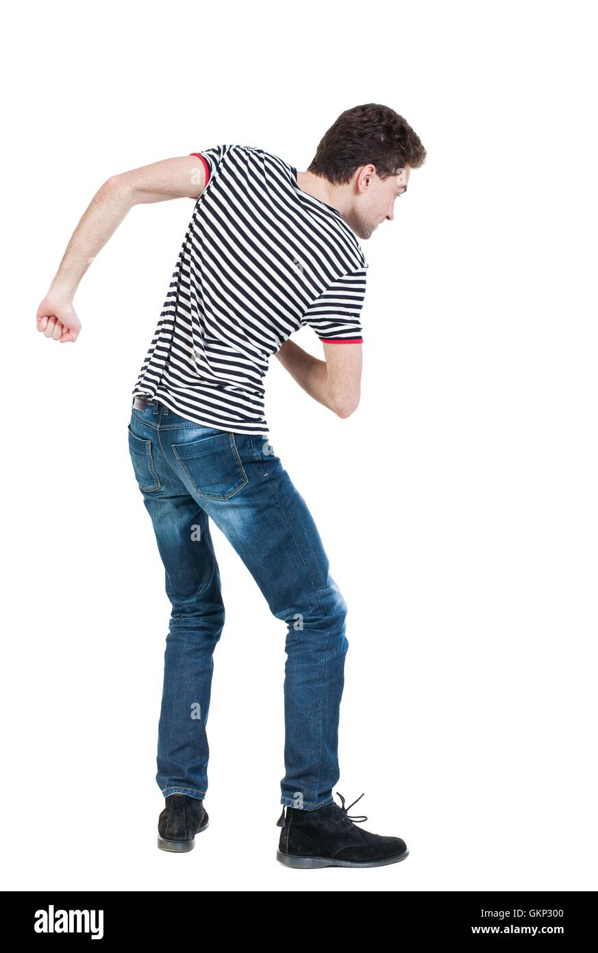 back view of skinny guy funny fights waving his arms and legs Stock ...
