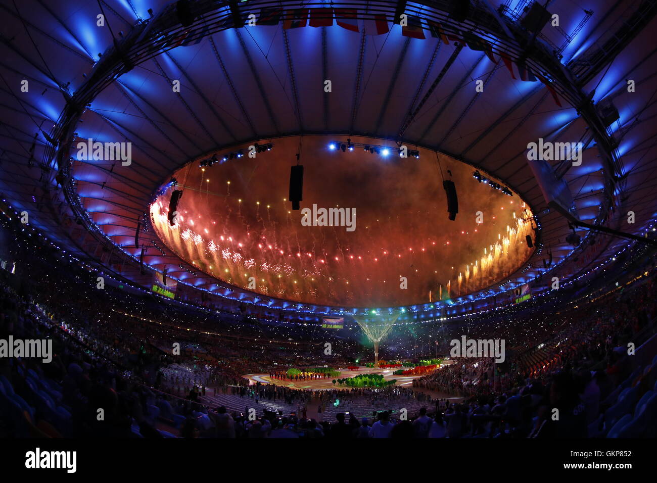 Rio De Janeiro, Brazil. 21st Aug, 2016. Fireworks explode over the ...