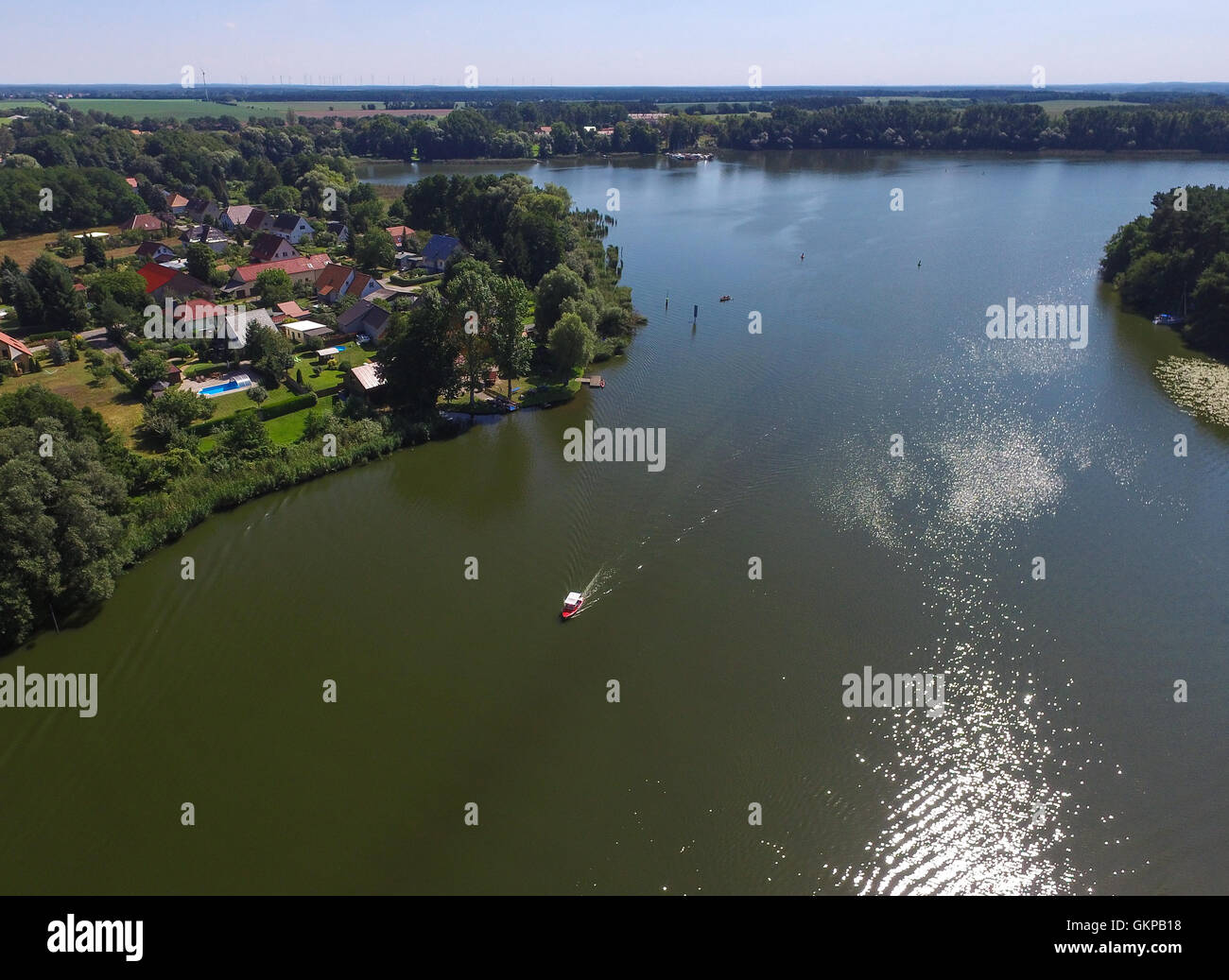 An aerial view of a drone shows the river Spree near the village of ...