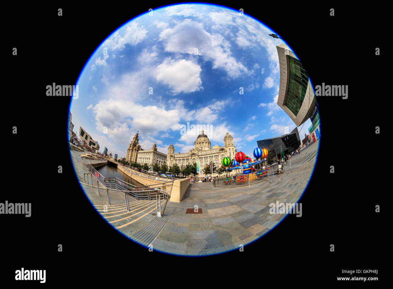 Famous architecture at the waterfront in Liverpool, England. Fish eye ...