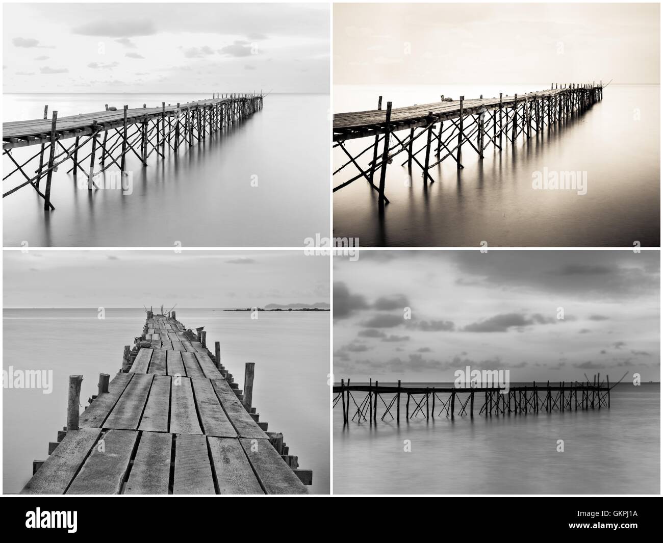 Photo collage with black and white photography of beach wooden pier ...
