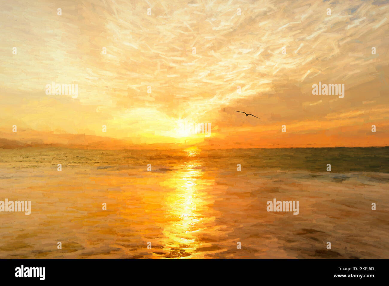 Sunset bird is a digital painting of silhouetted bird flying against a ...