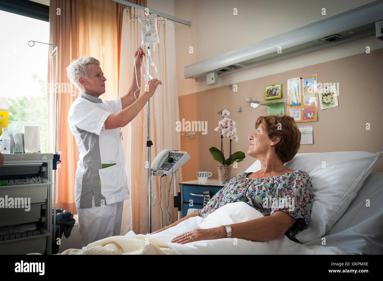 Verpleegkundigen sluiten een infuus aan bij de patient. verpleegkundige ...