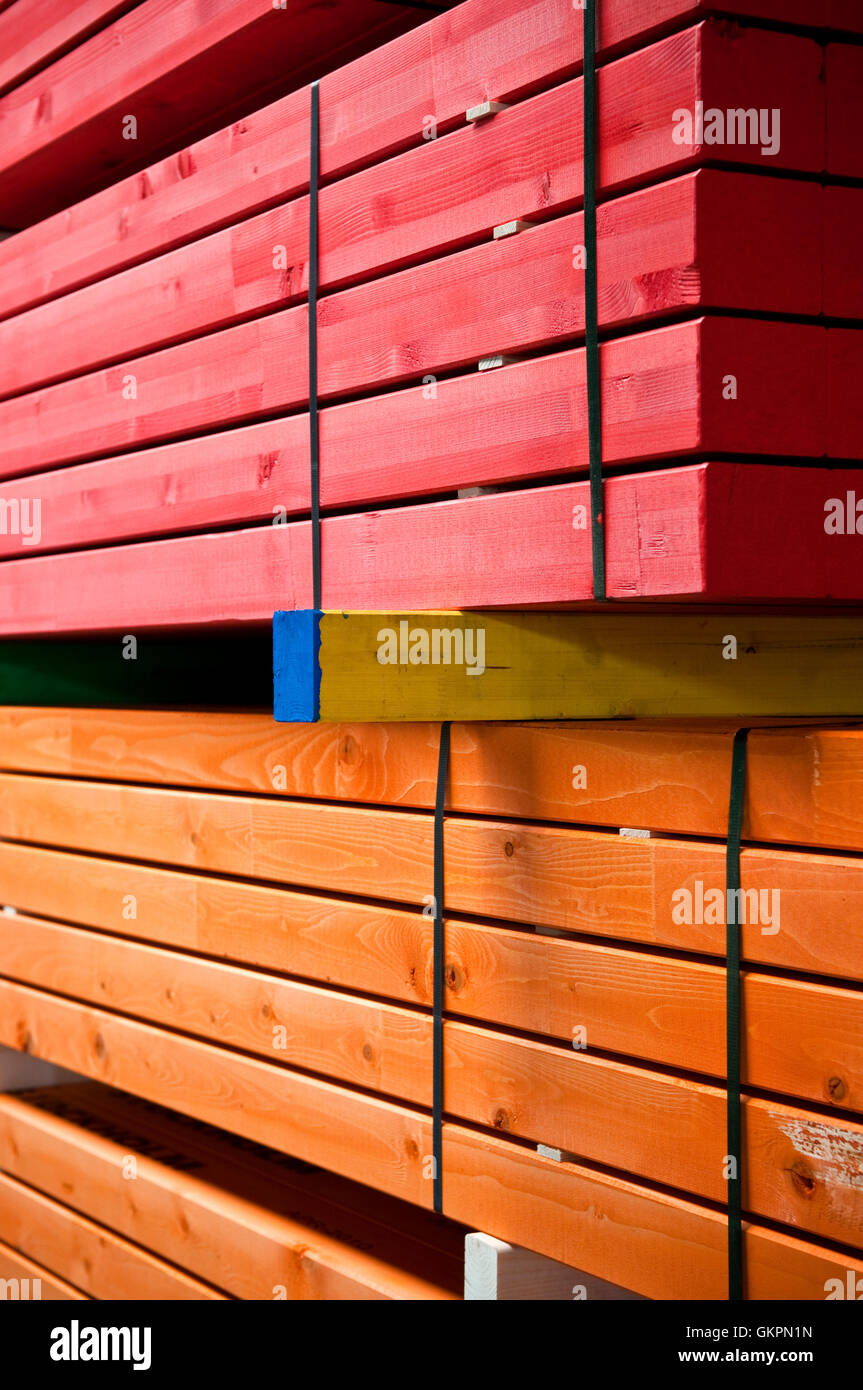 Stacked colourcoded construction timber Stock Photo - Alamy