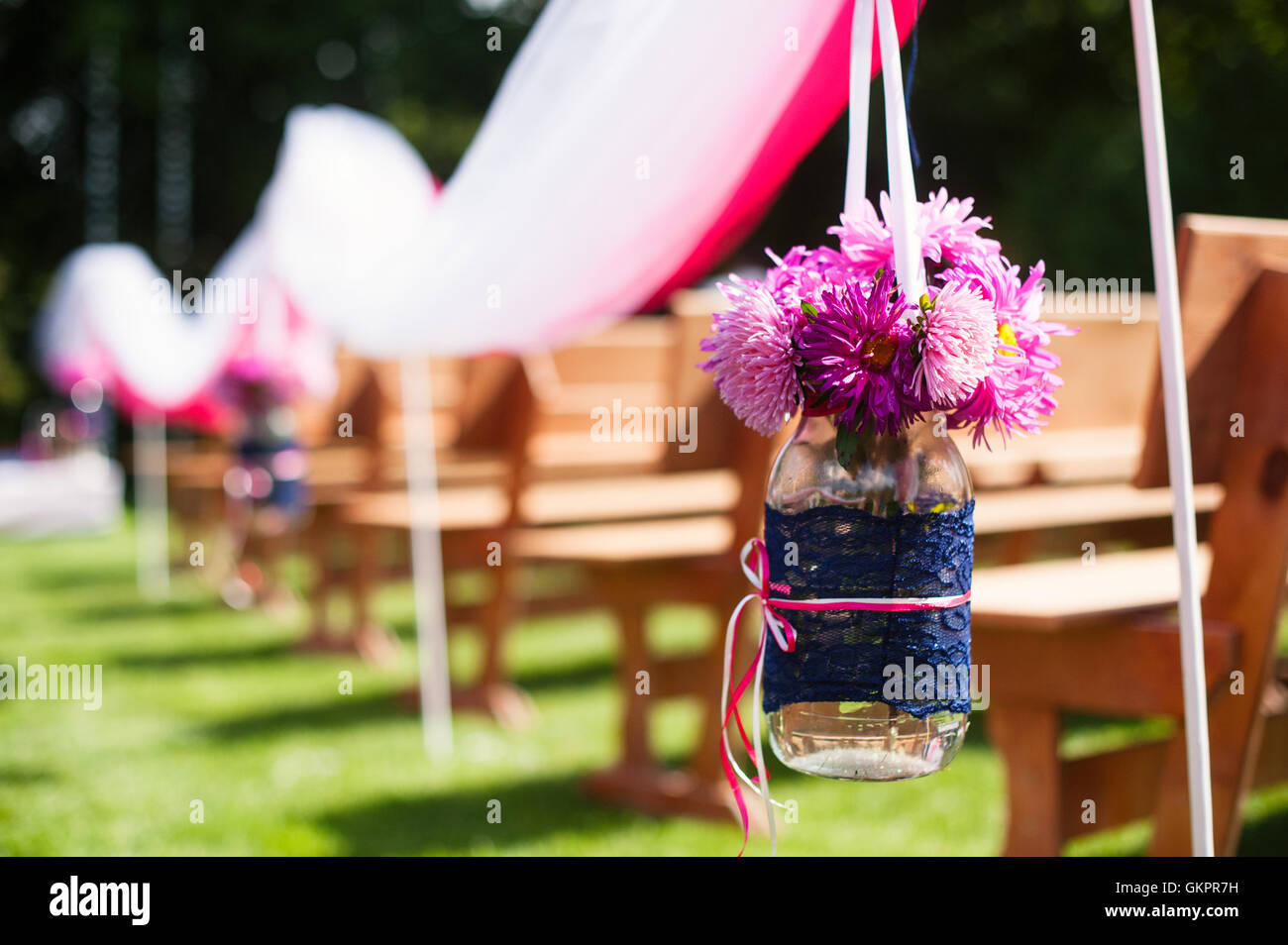 Beautiful wedding flower arrangement of seats on ceremony Stock Photo ...