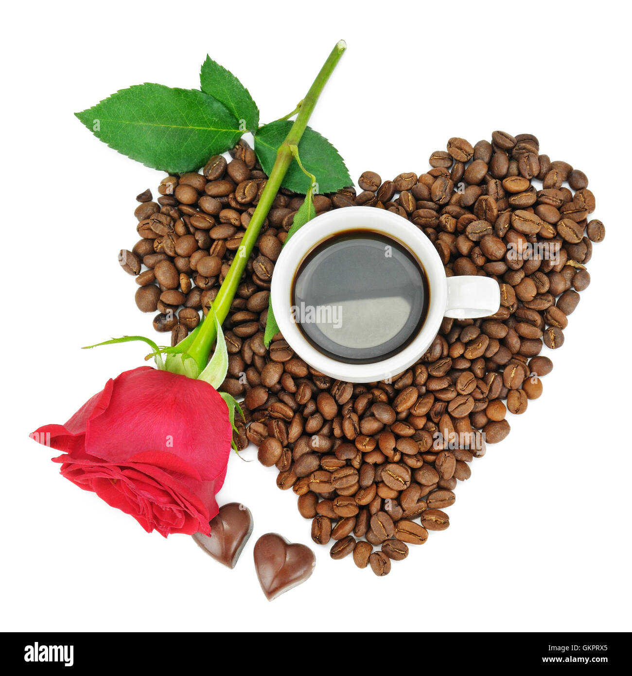 coffee beans, cup and rose isolated on white background Stock Photo - Alamy