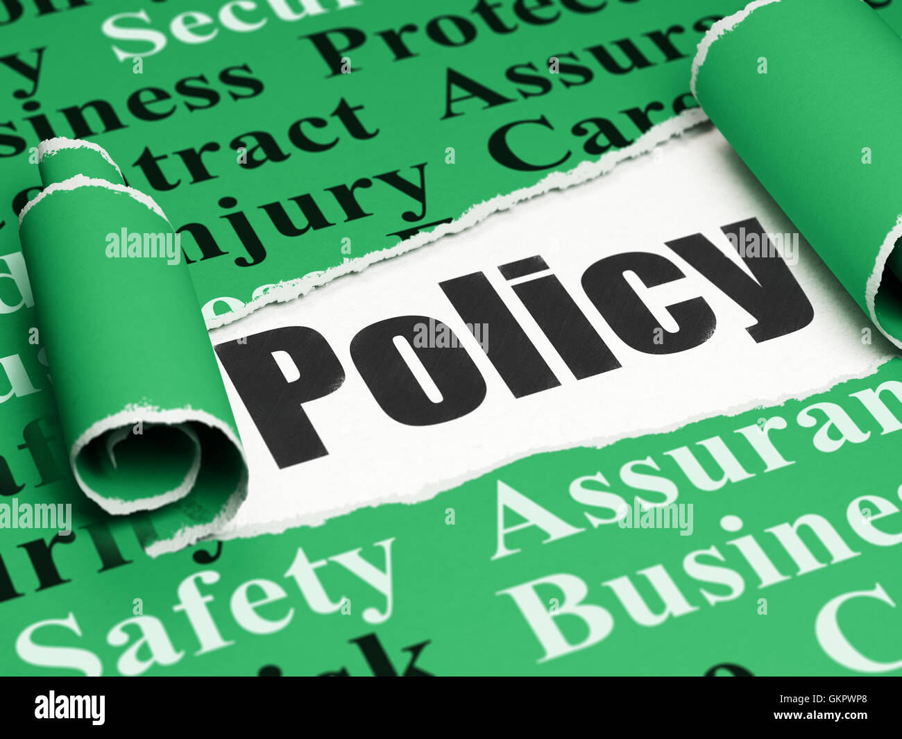 Insurance concept: black text Policy under the piece of torn paper ...