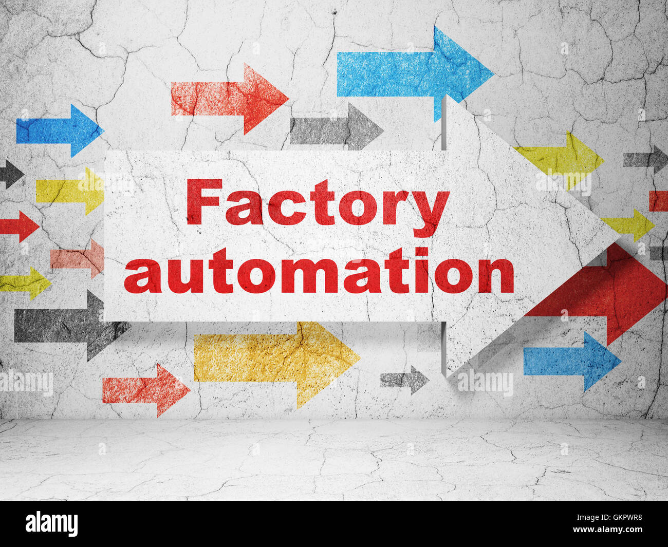 Manufacuring concept: arrow with Factory Automation on grunge wall ...