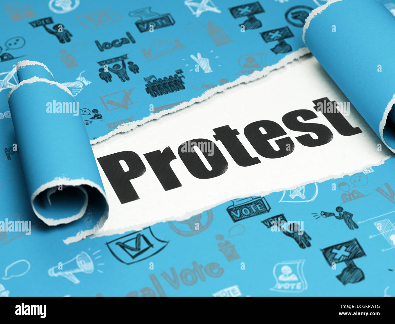 Political concept: black text Protest under the piece of torn paper ...