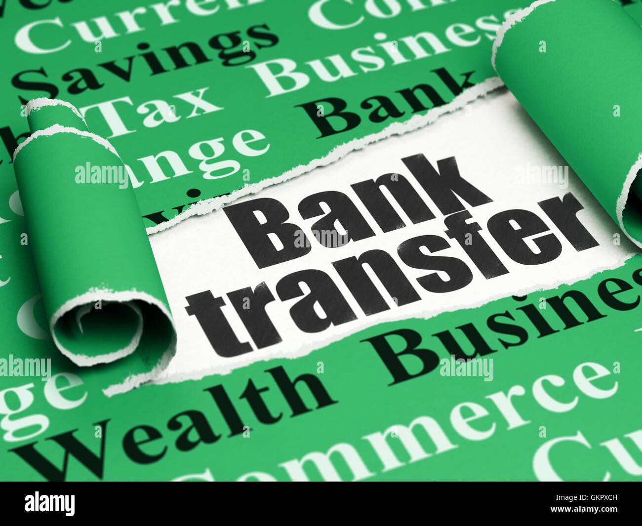 Money concept: black text Bank Transfer under the piece of torn paper ...