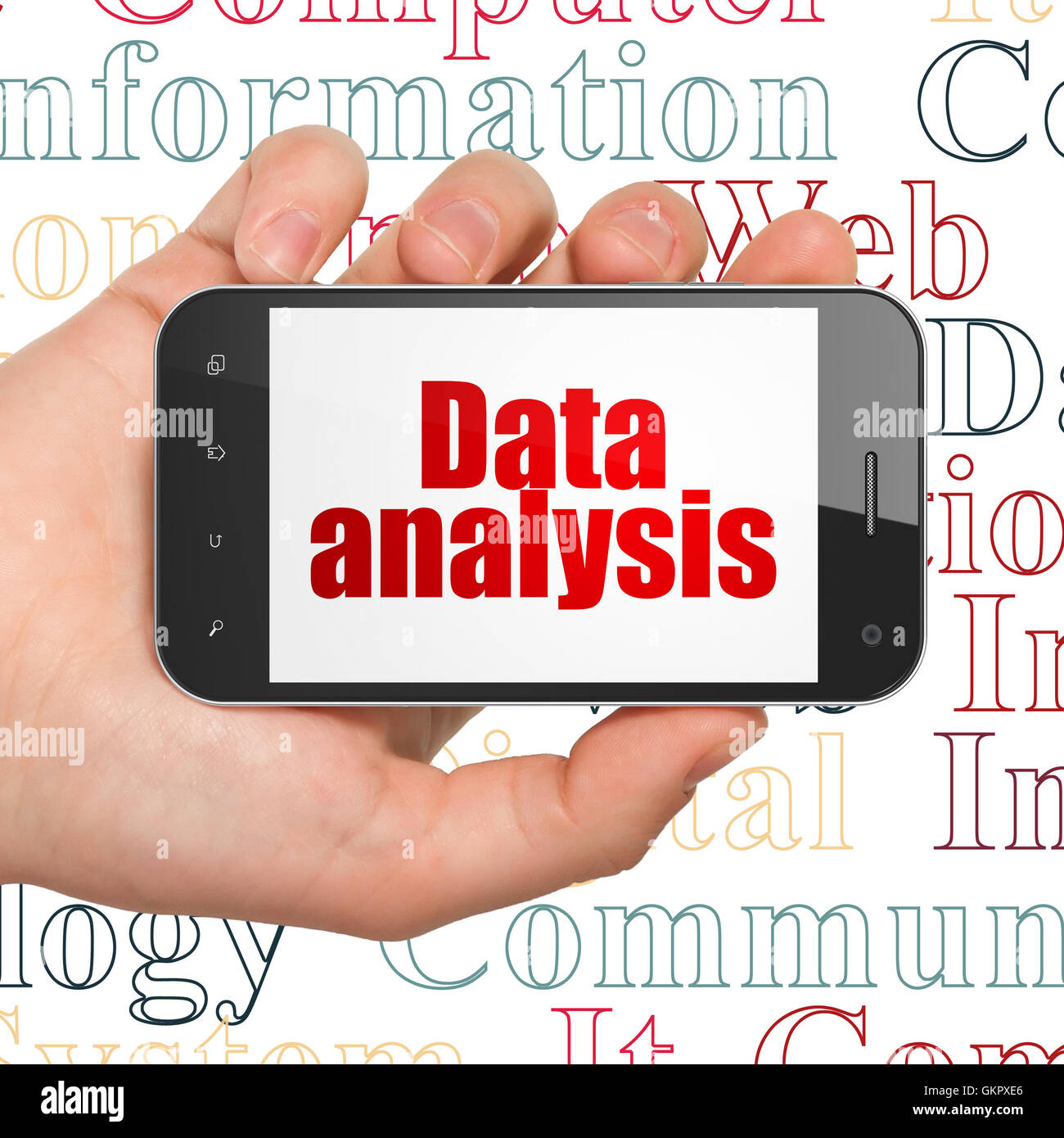 Data concept: Hand Holding Smartphone with Data Analysis on display ...