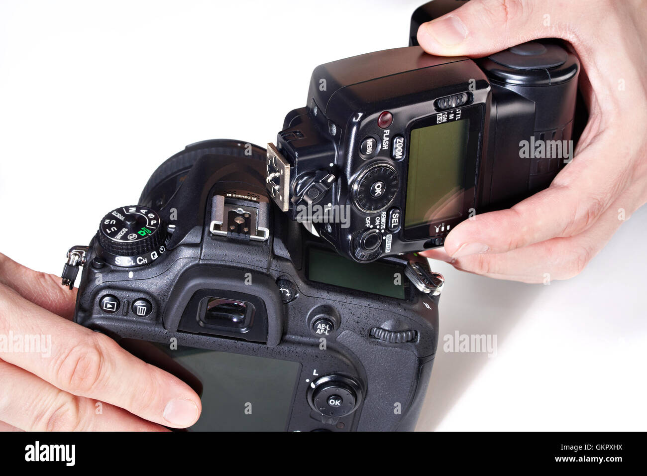 Photographer to set the external flash on a digital SLR camera Stock ...