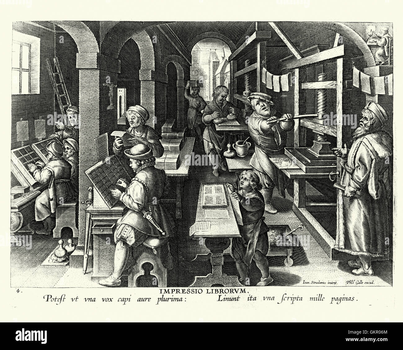 Woodcut of a early English printing office. Printers using a Printing ...