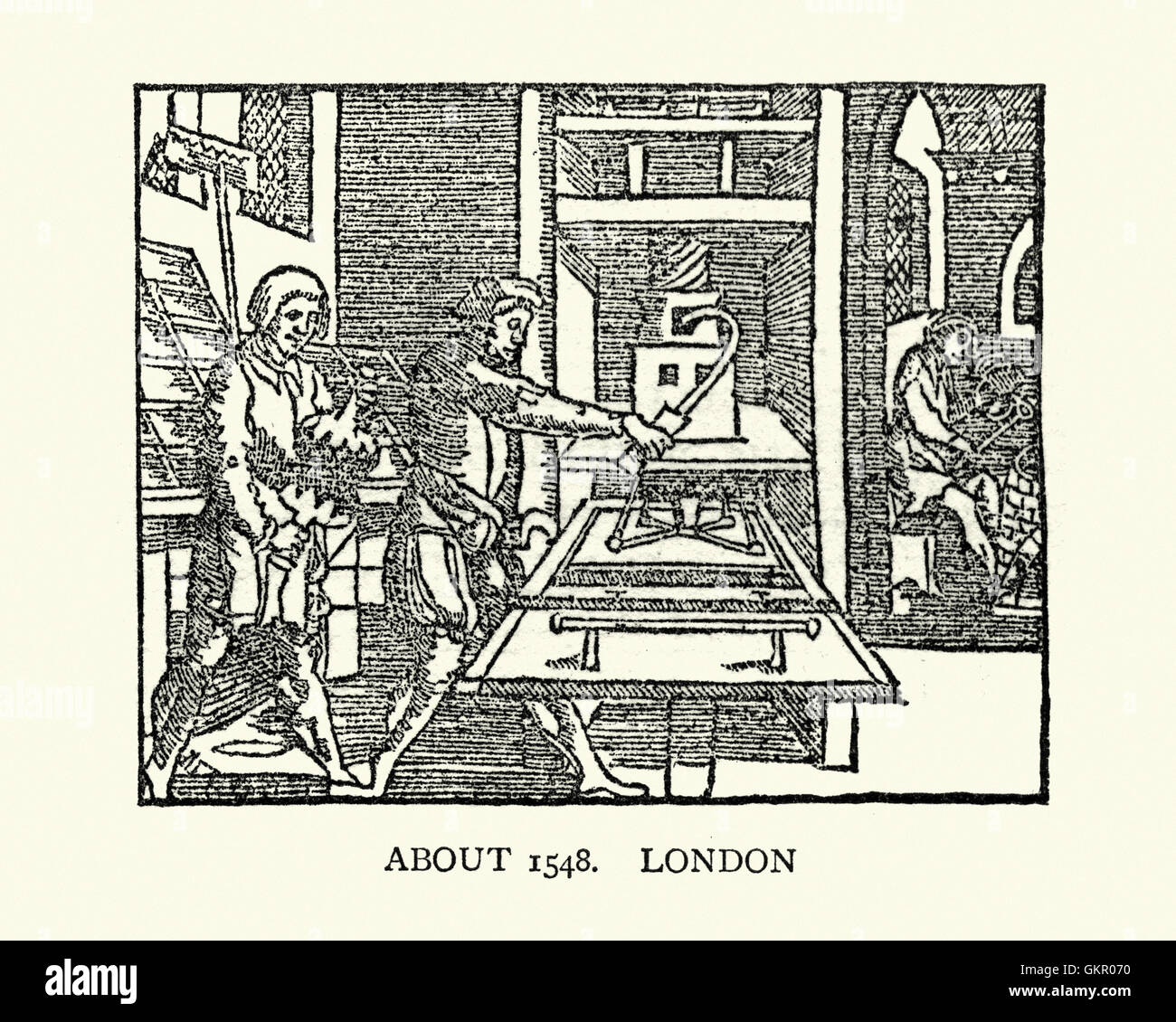 Early english woodcut of a man using a printing press, London c. 1548 ...