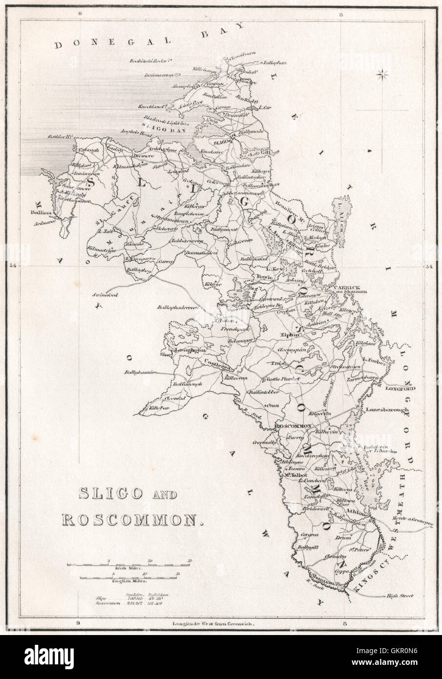 County Sligo and County Roscommon. Ireland, 1835 antique map Stock ...