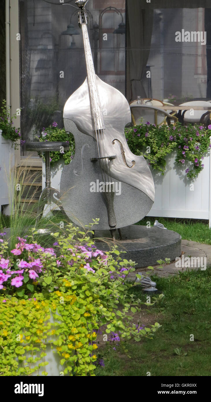 JURMALA, Latvia. Metal cello sculpture outside a restaurant in Jurmala ...