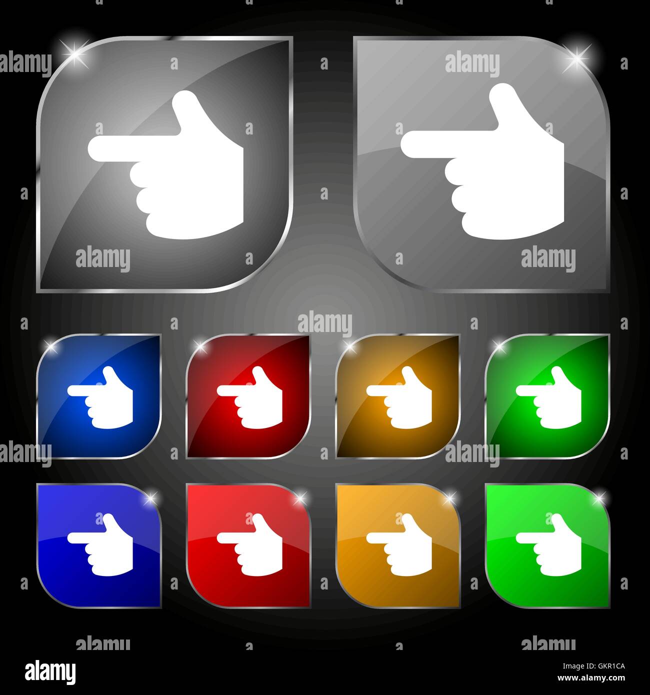 pointing hand icon sign. Set of ten colorful buttons with glare. Vector ...