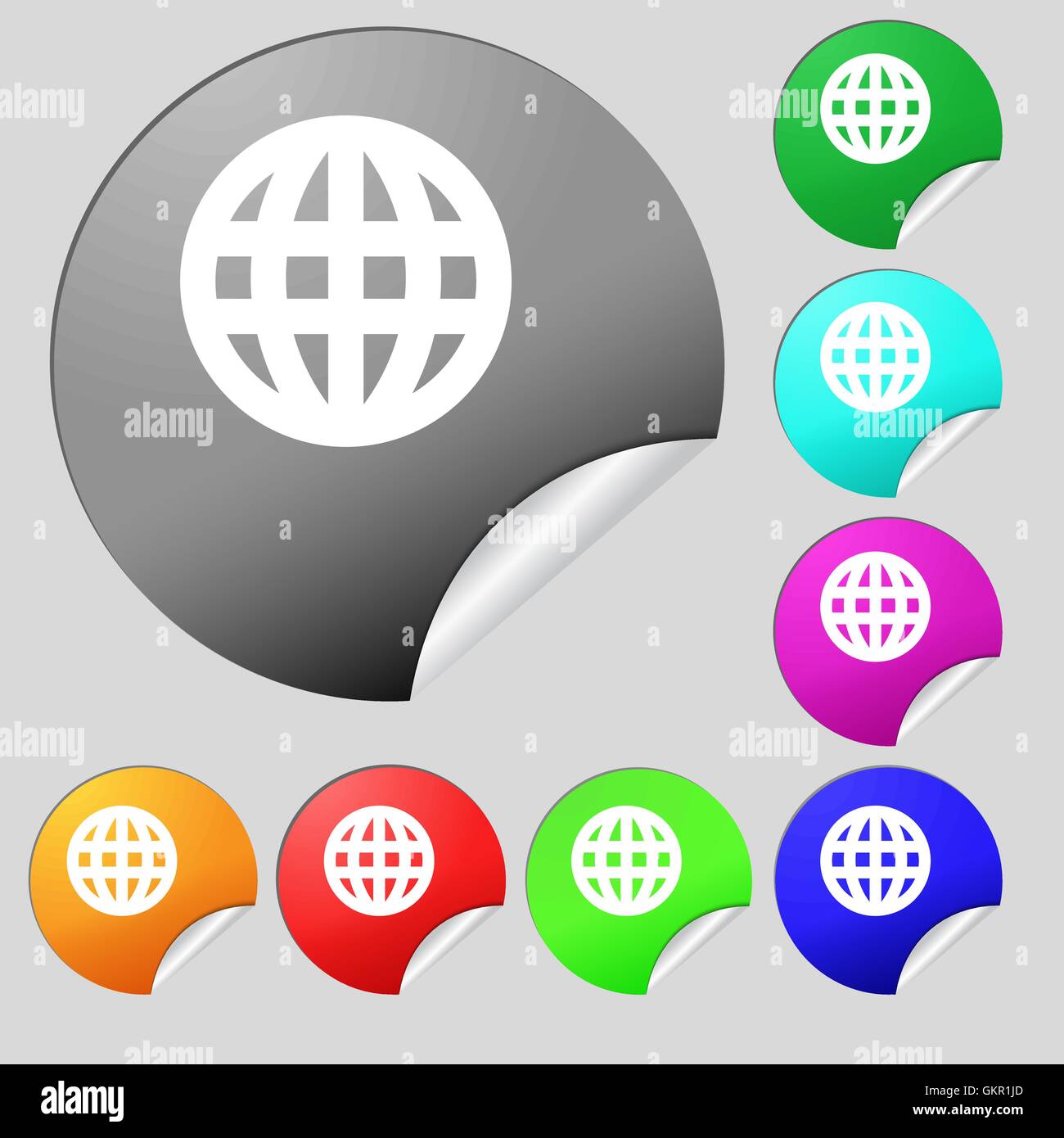 Globe, World map geography icon sign. Set of eight multi-colored round ...