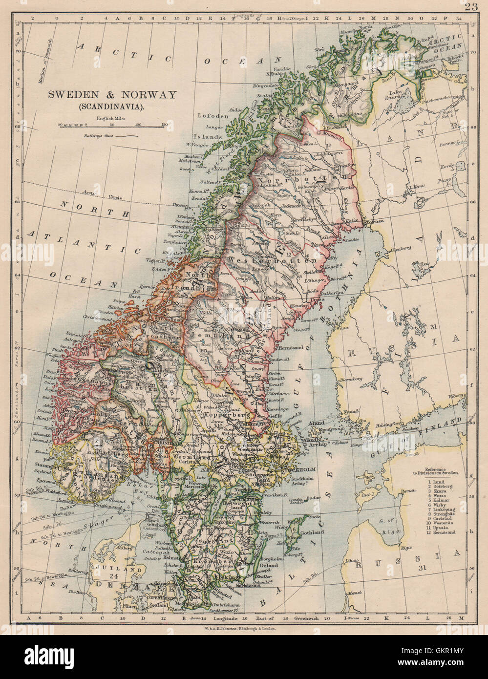 SCANDINAVIA. Sweden Norway.Railways Undersea telegraph cables. JOHNSTON ...