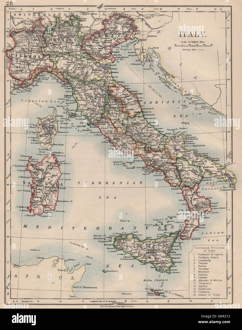 ITALY. Showing states/territorial divisions. JOHNSTON, 1895 antique map ...