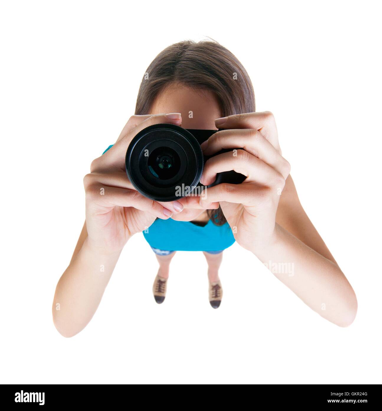 young woman in shorts photographed something compact camera Stock Photo ...