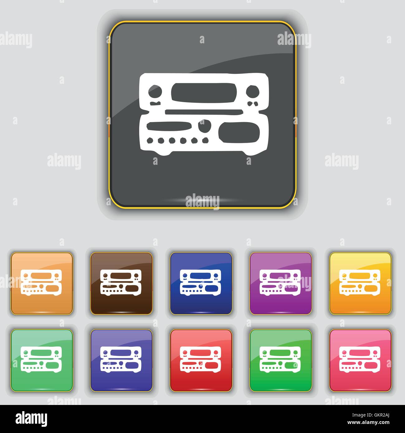 radio, receiver, amplifier icon sign. Set with eleven colored buttons ...