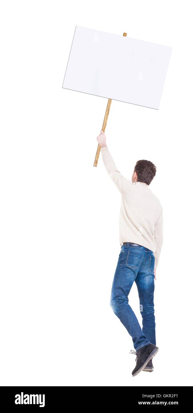 Back view man showing sign board. man holds information plate Stock ...