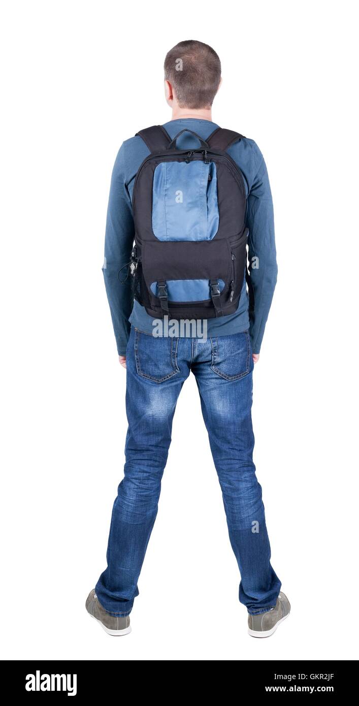 Back view of man with backpack looking up Stock Photo - Alamy